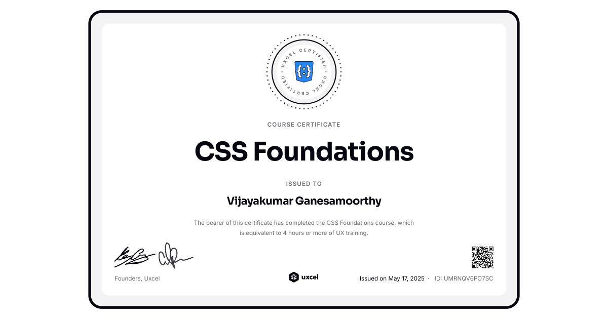 Certificate of completion for CSS Foundations | Uxcel